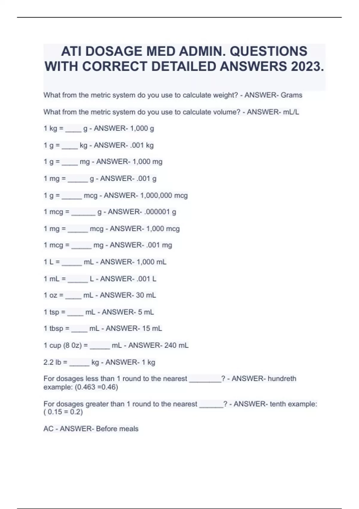 ATI DOSAGE MED ADMIN. QUESTIONS WITH CORRECT DETAILED ANSWERS 2023 ...