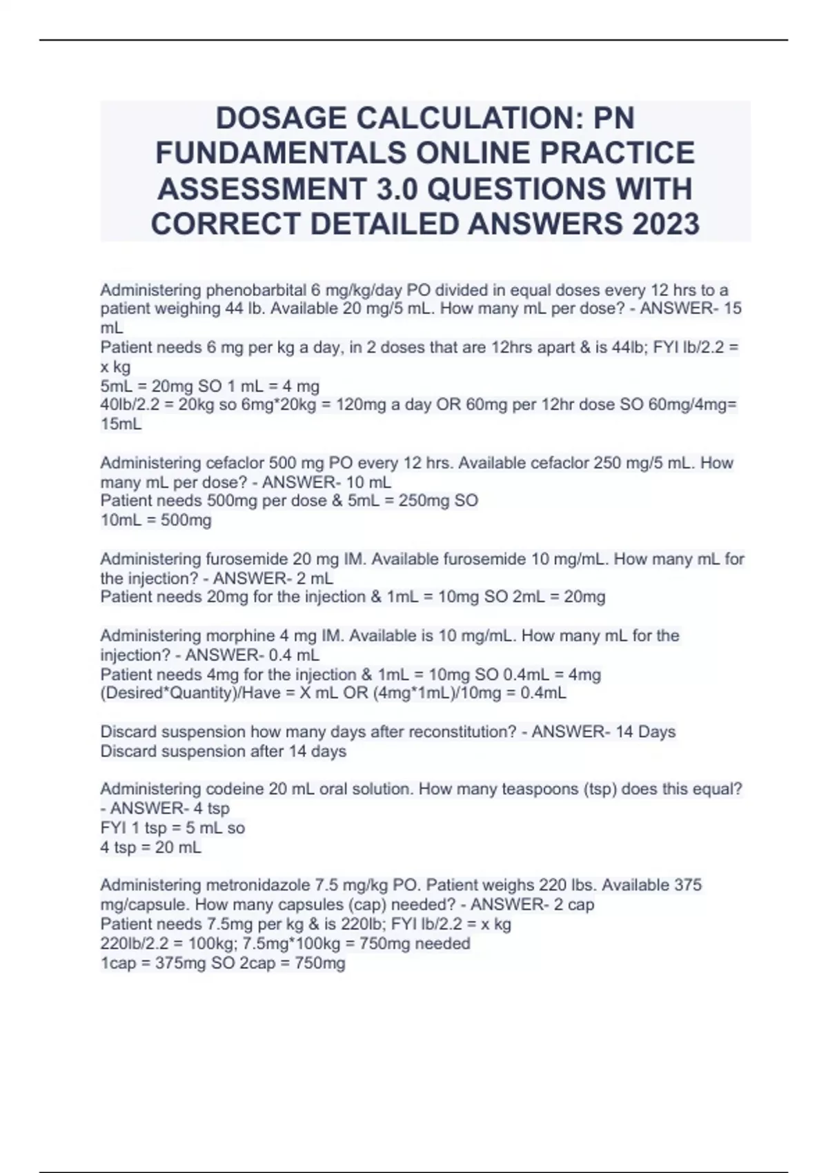 DOSAGE CALCULATION: PN FUNDAMENTALS ONLINE PRACTICE ASSESSMENT 3.0 ...