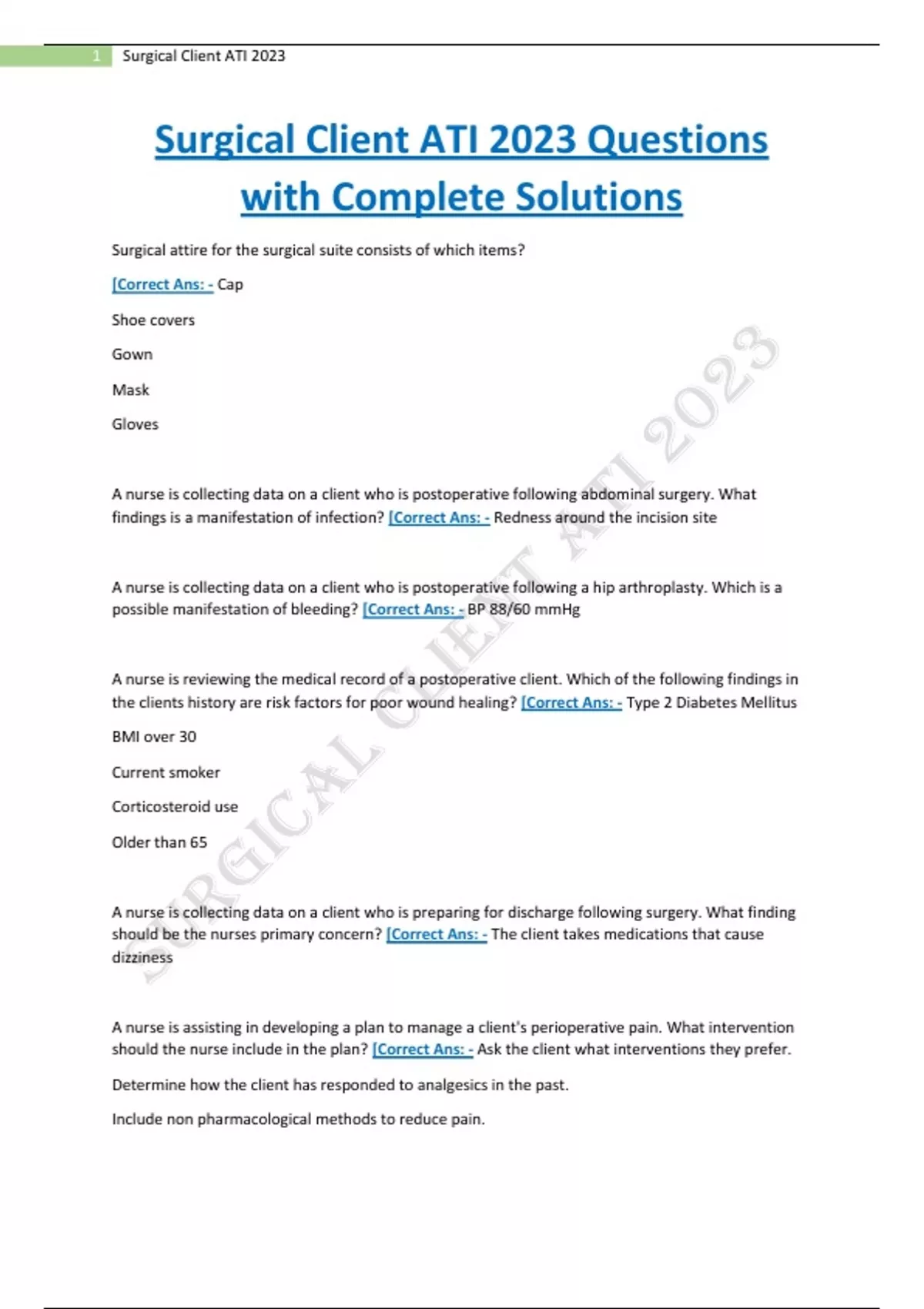 Surgical Client ATI 2023 Questions with Complete Solutions - Surgical ...