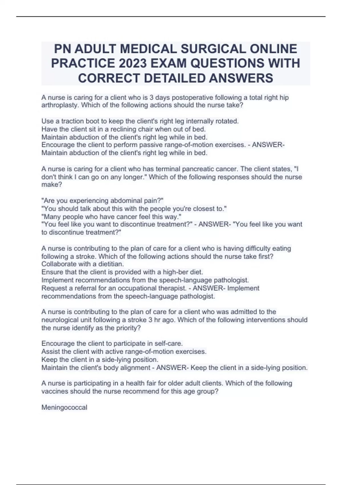 PN ADULT MEDICAL SURGICAL ONLINE PRACTICE 2023 EXAM QUESTIONS WITH ...