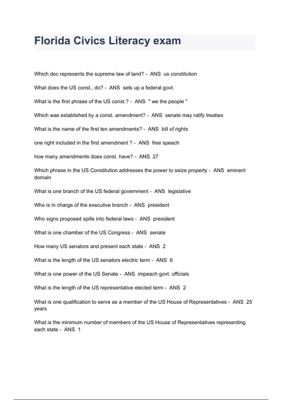FLORIDA CIVIC LITERACY EXAM QUESTIONNS AND ANSWWERS - FLORIDA CIVIC ...