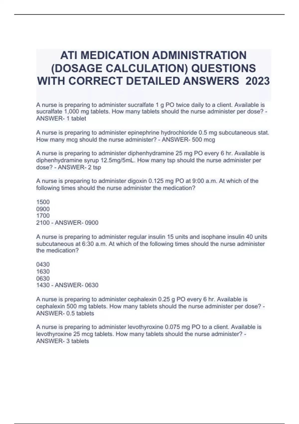 ATI MEDICATION ADMINISTRATION (DOSAGE CALCULATION) QUESTIONS WITH ...