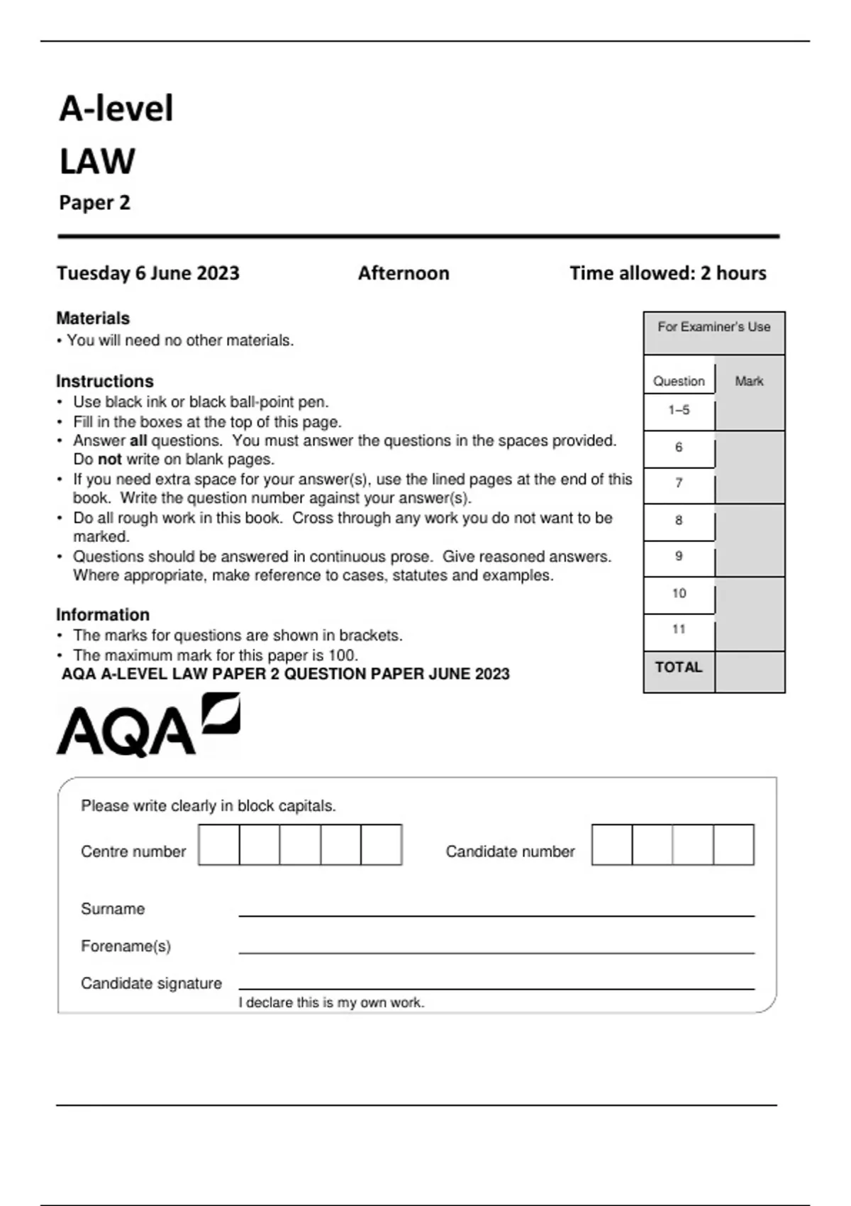 AQA A-LEVEL LAW PAPER 2 QUESTION PAPER JUNE 2023 - Stuvia UK