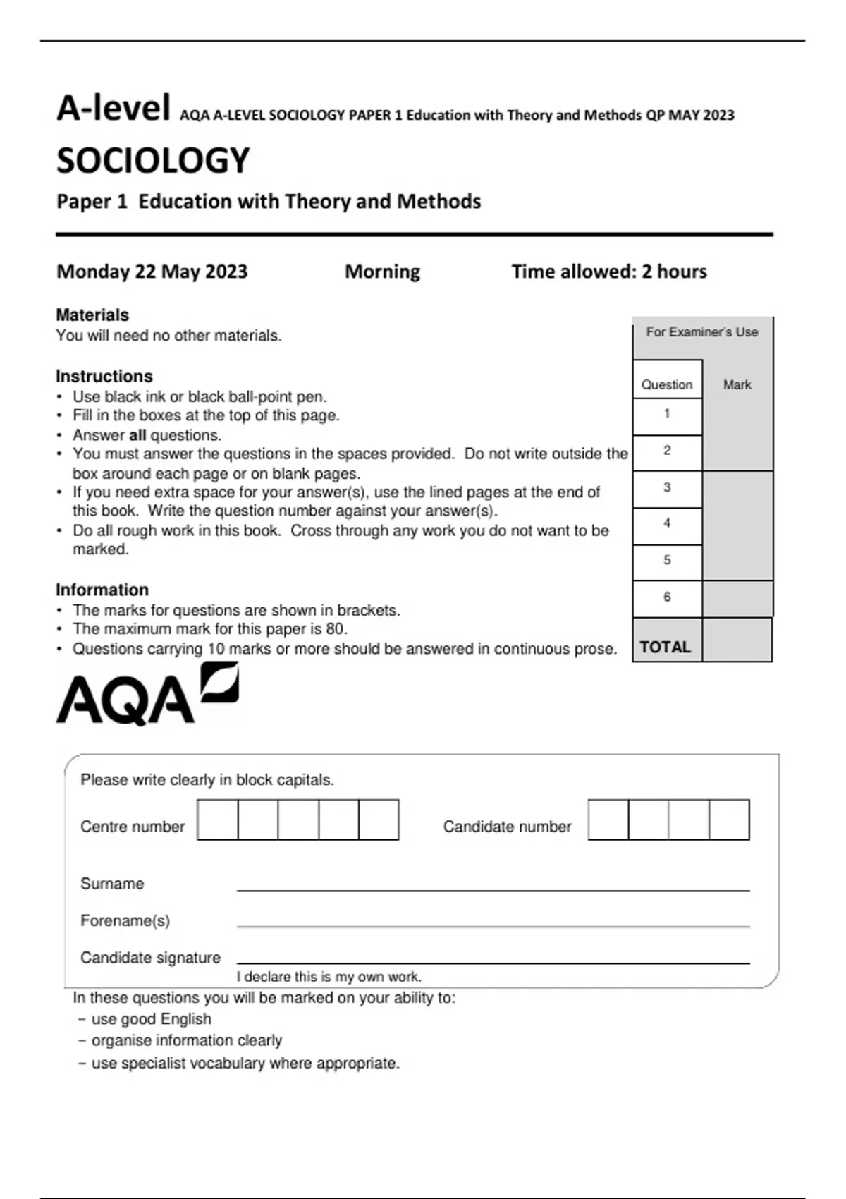 AQA A-LEVEL SOCIOLOGY PAPER 1 Education with Theory and Methods QP MAY ...