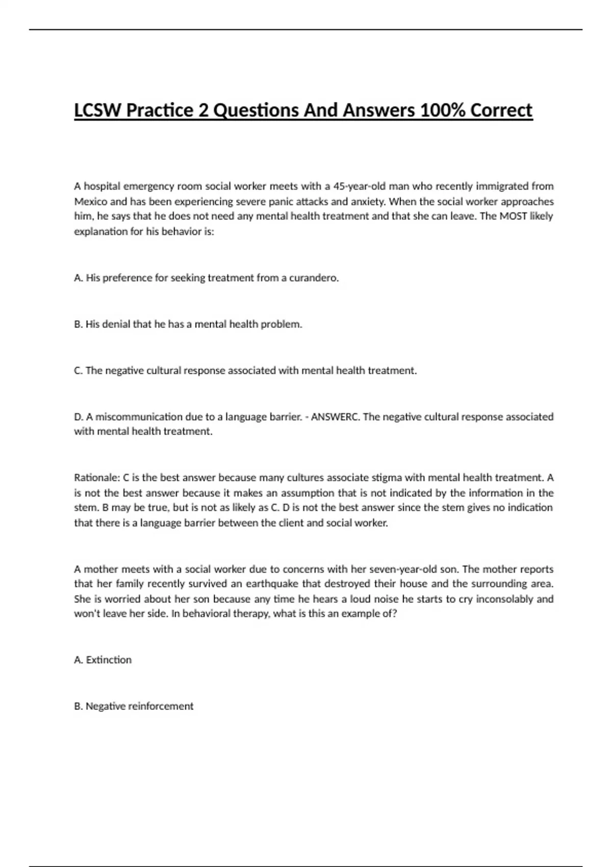 LCSW Practice 2 Questions And Answers 100% Correct - LCSW - Stuvia US