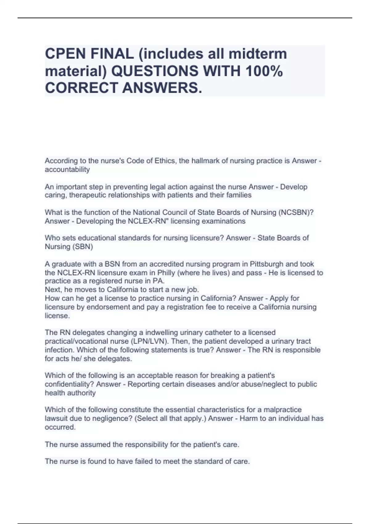 CPEN FINAL (includes all midterm material) QUESTIONS WITH 100% CORRECT ...
