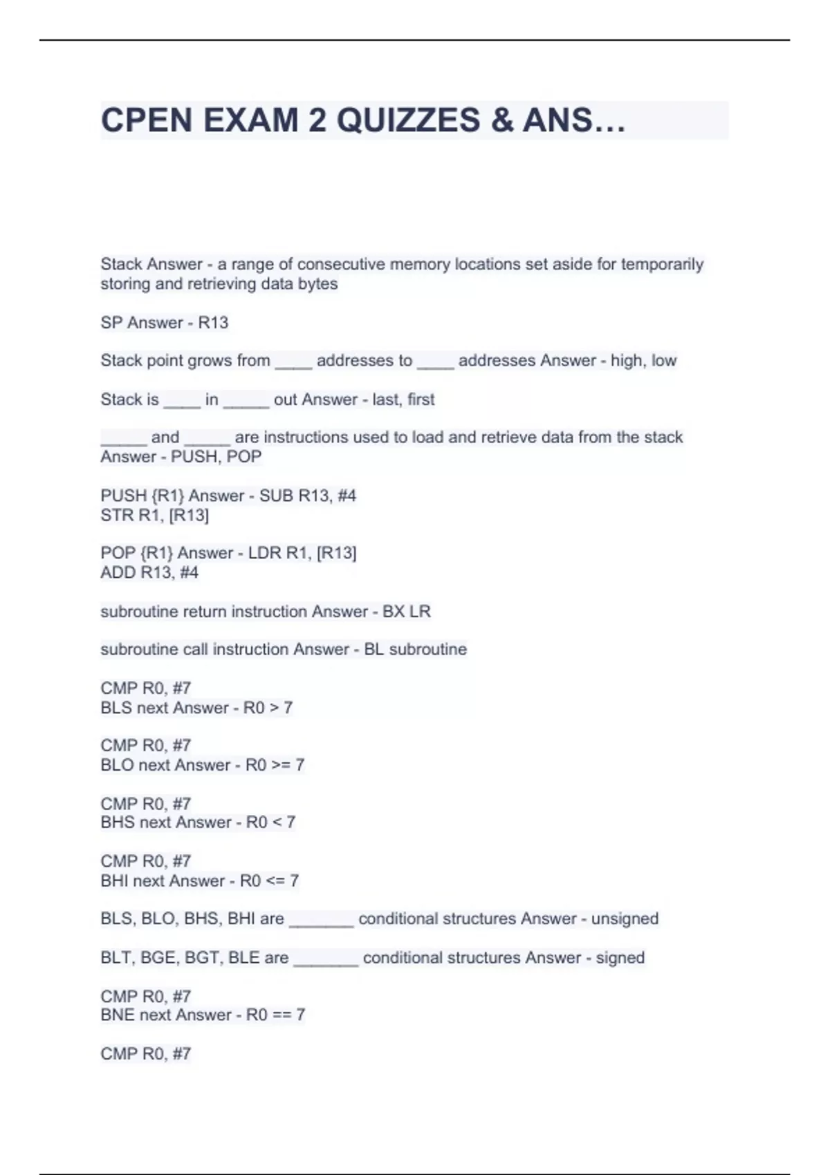 CPEN EXAM 2 QUIZZES & ANS… - Bvn - Stuvia US