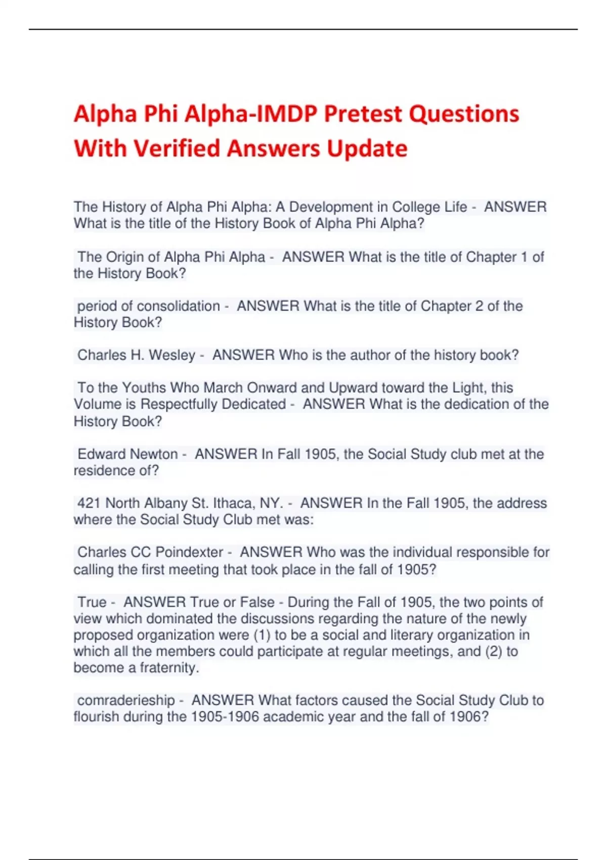 Alpha Phi Alpha-IMDP Pretest Questions With Verified Answers Update ...