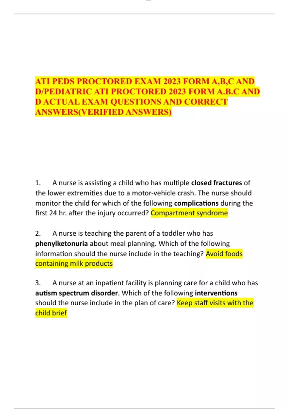ATI PEDS PROCTORED EXAM 2023 FORM A,B,C AND D/PEDIATRIC ATI PROCTORED ...