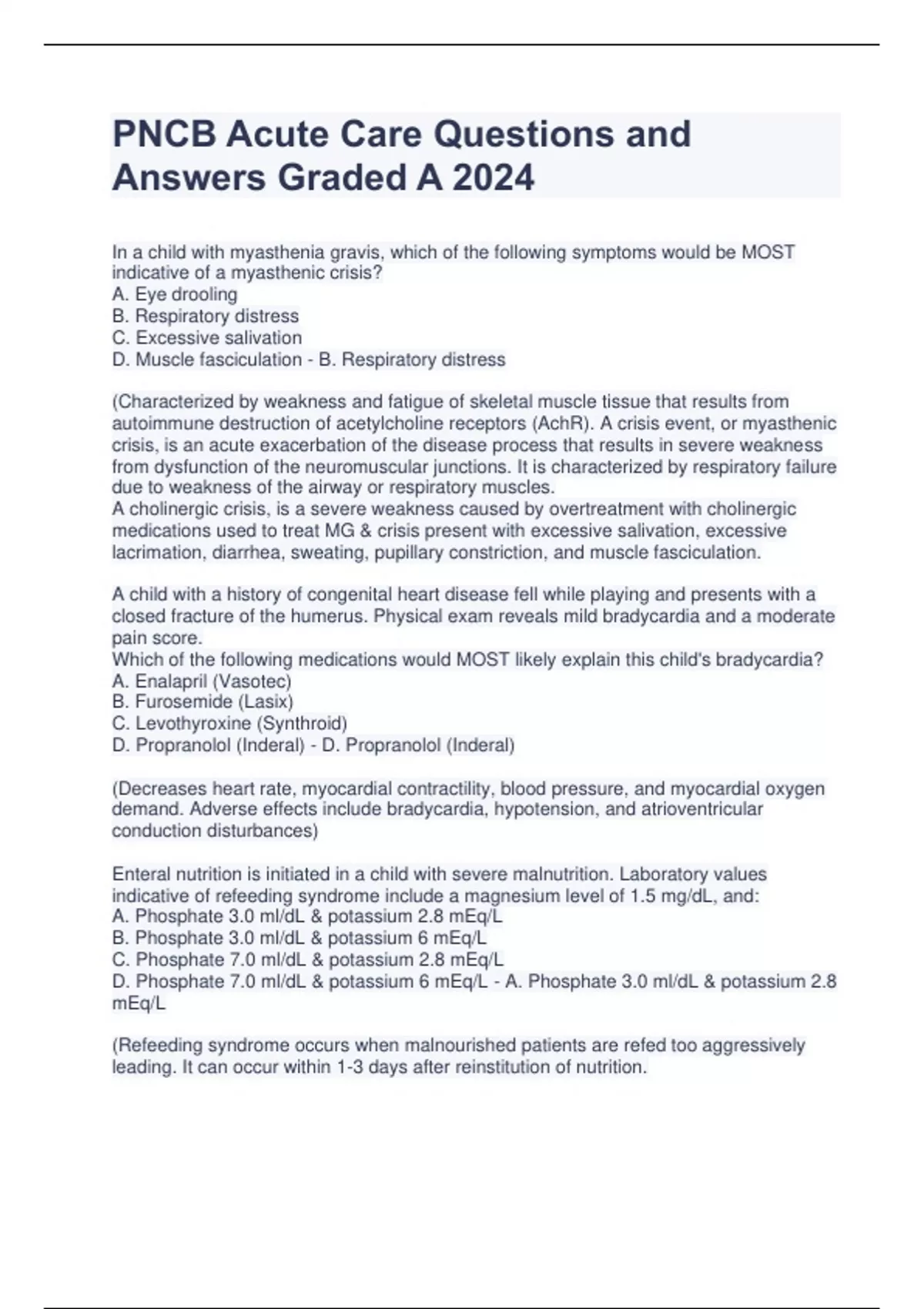 PNCB Acute Care Questions and Answers Graded A 2024 - PNCB Acute Care ...