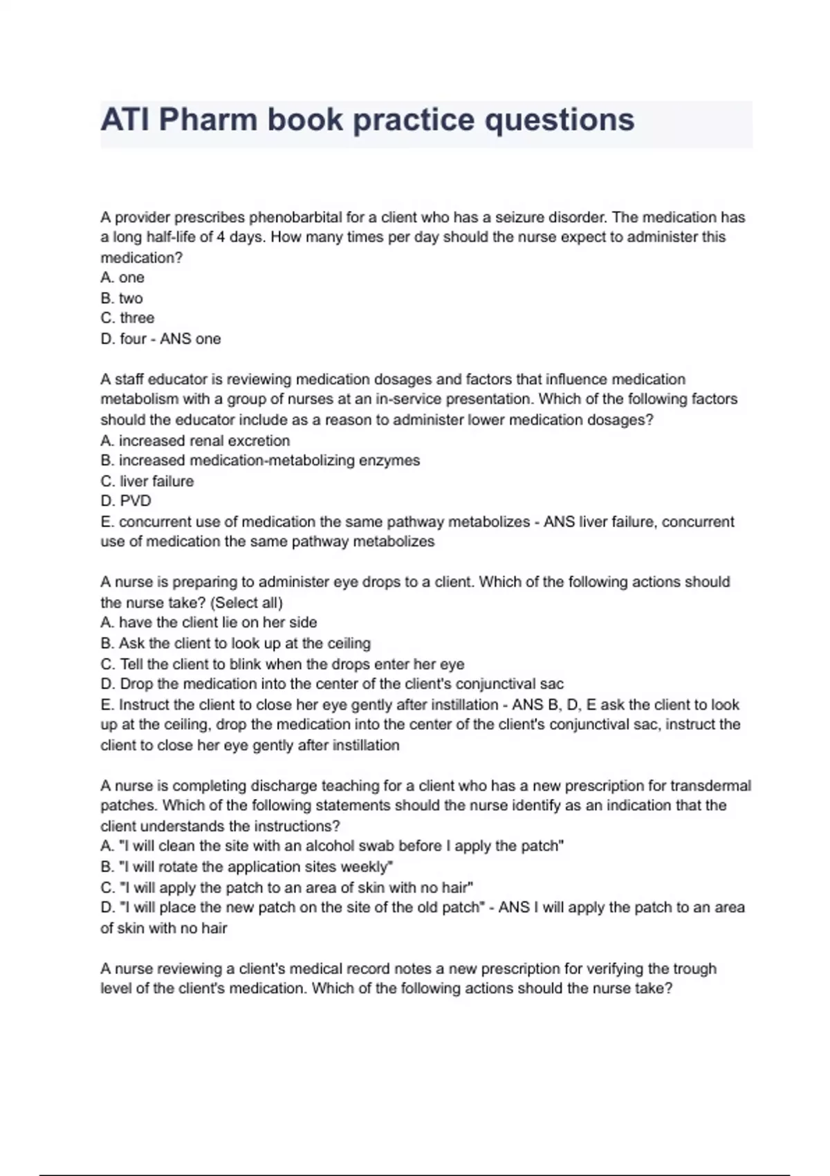 ATI Pharm book practice questions - Stuvia US