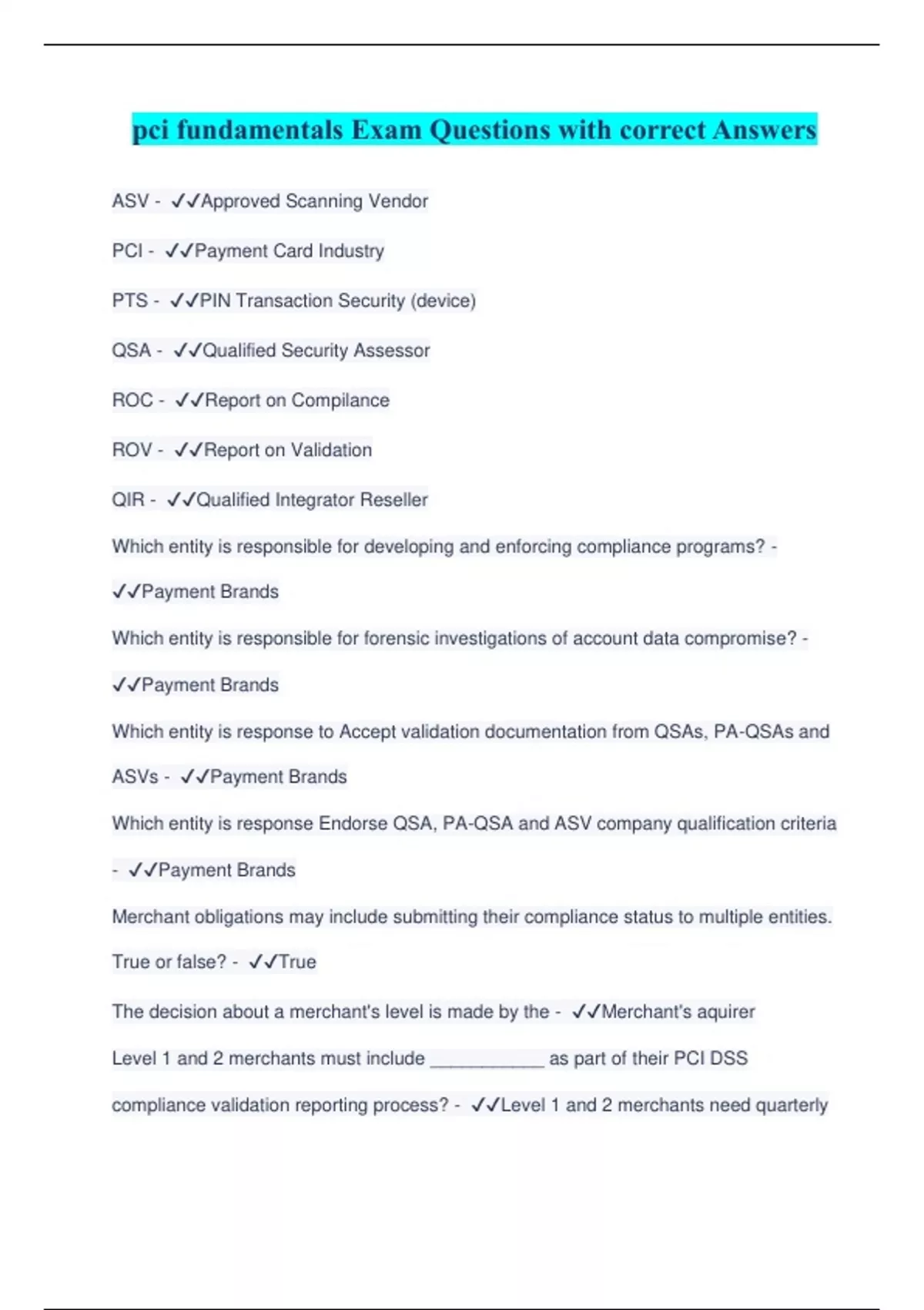 PCI ISA Exam 2023/2024 Questions and Answers AAA - ️️Acronym for ...