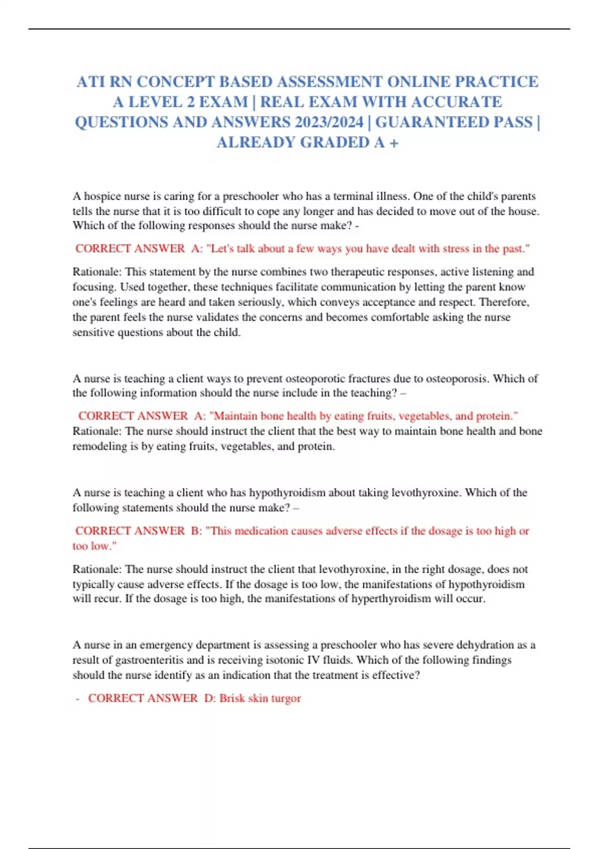 ATI RN CONCEPT BASED ASSESSMENT ONLINE PRACTICE A LEVEL 2 EXAM | REAL ...