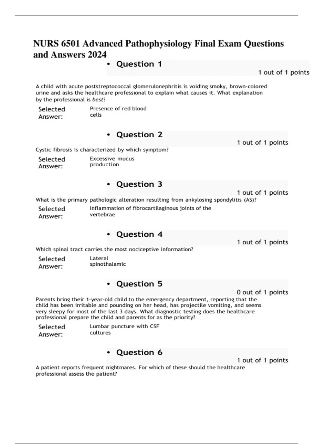 NURS 6501 Advanced Pathophysiology Final Exam Questions and Answers ...