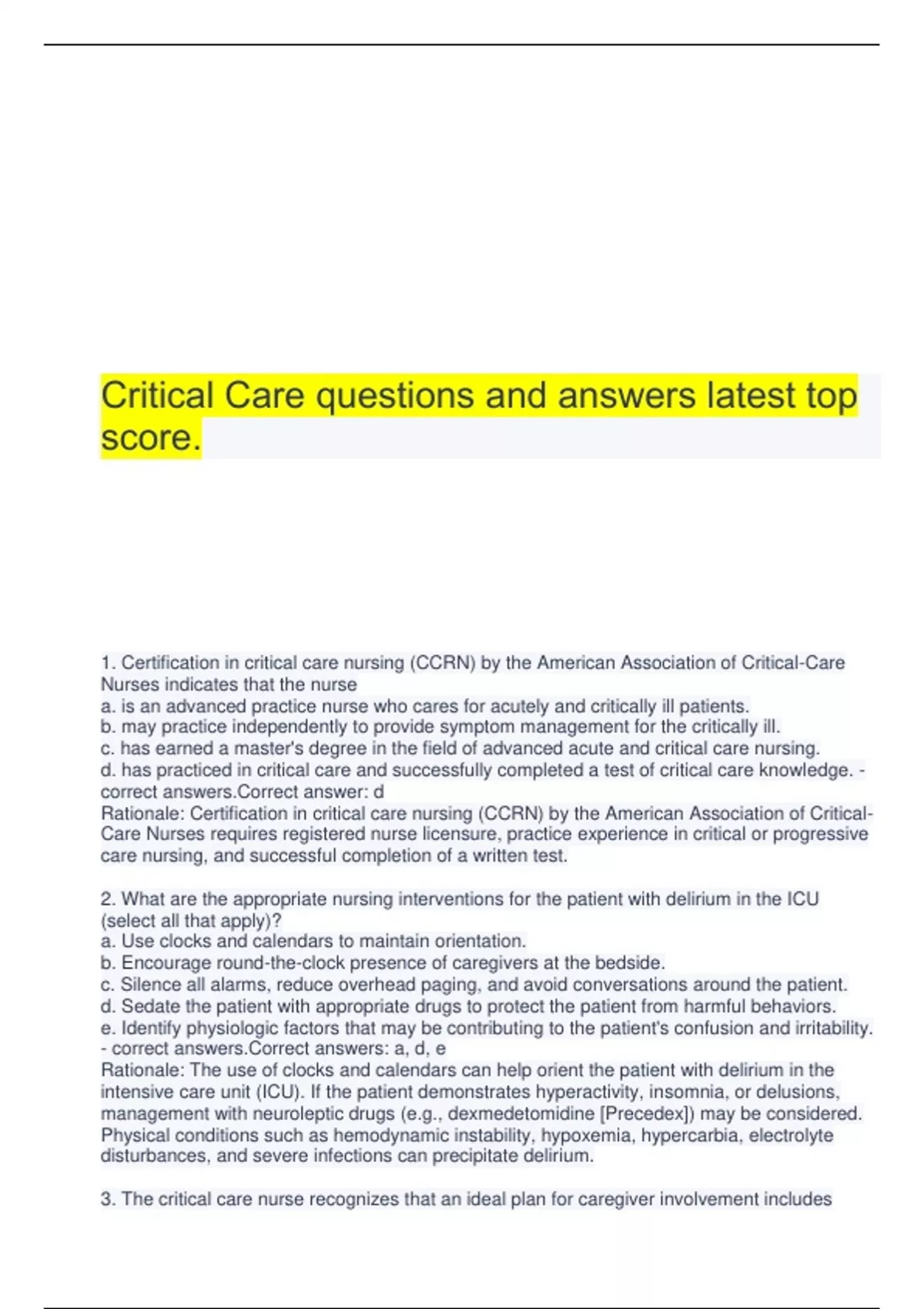 Critical Care questions and answers latest top score. - Critical Care ...