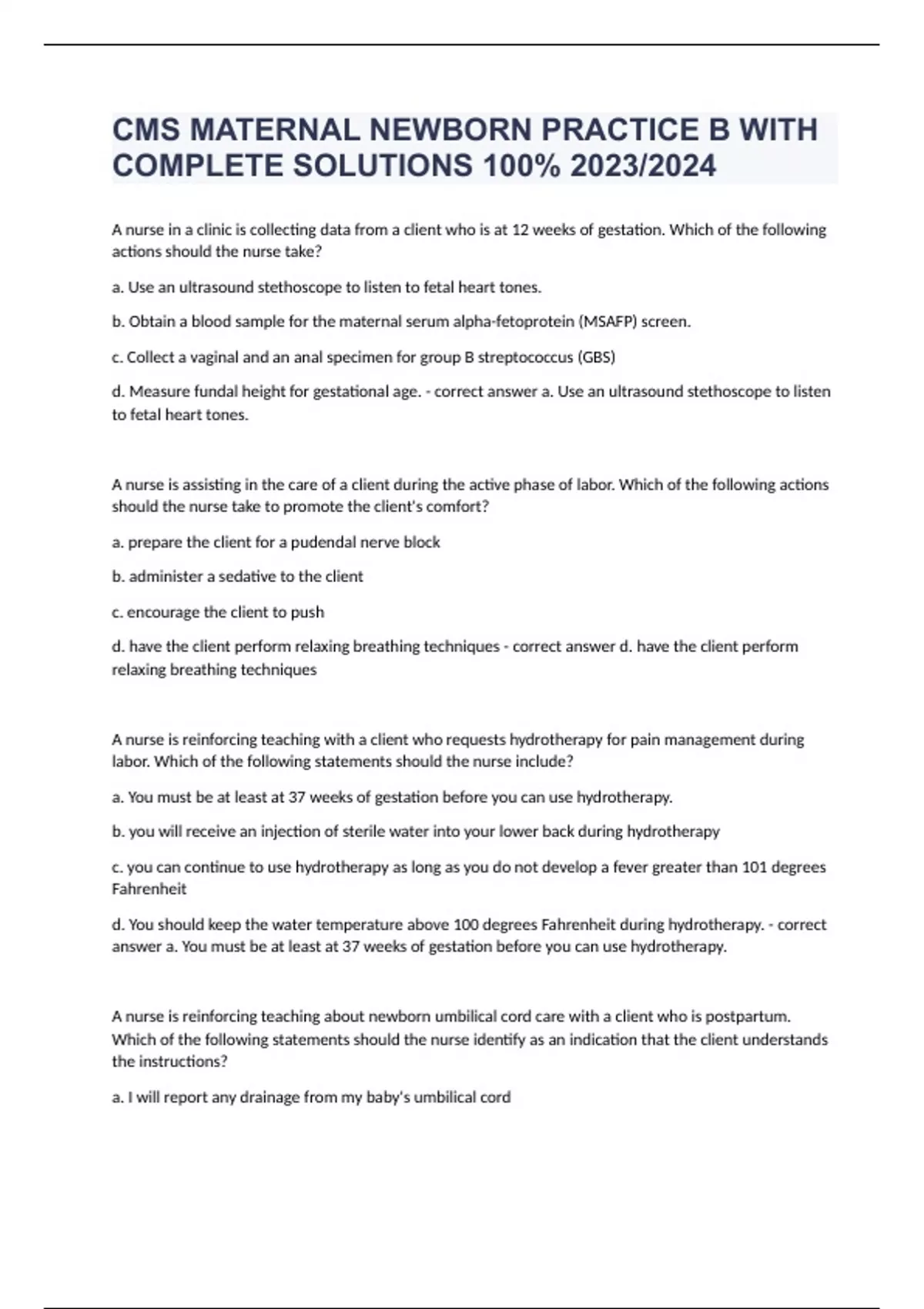 CMS MATERNAL NEWBORN PRACTICE B WITH COMPLETE SOLUTIONS 100% 2023/2024 ...