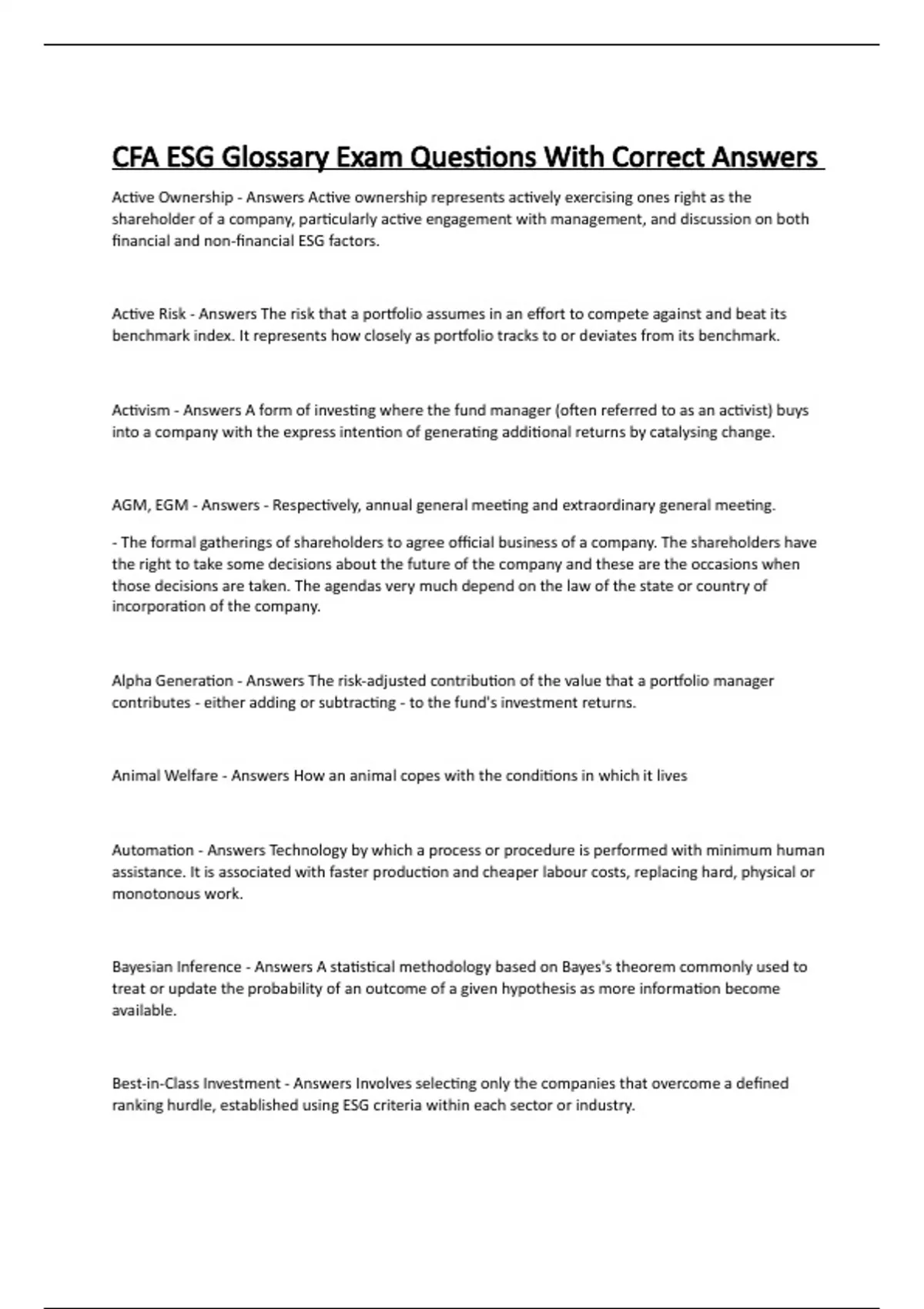 CFA ESG Glossary Exam Questions With Correct Answers - CFA ESG - Stuvia US