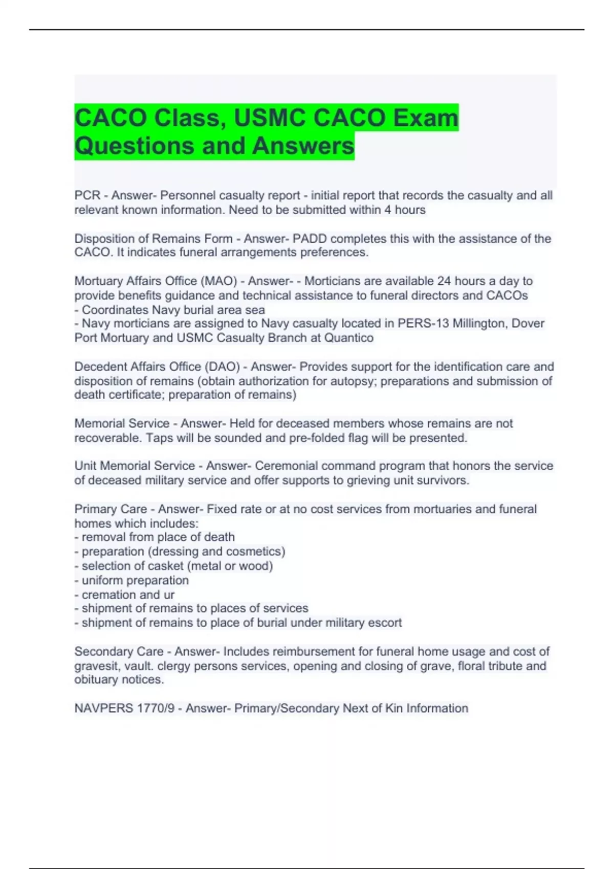 CACO Class, USMC CACO Exam Questions and Answers - USMC CACO - Stuvia US