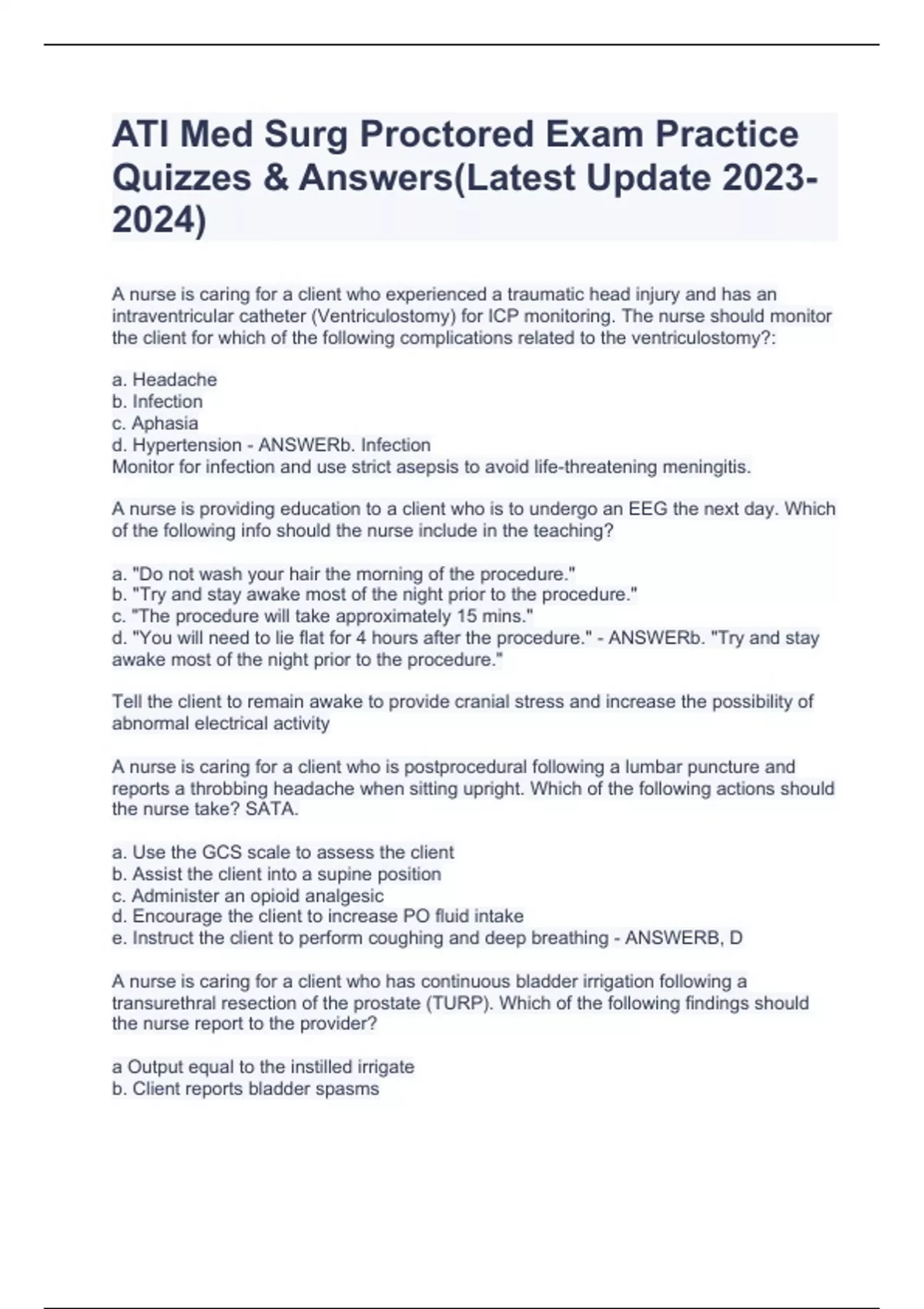 ATI Med Surg Proctored Exam Practice Quizzes & Answers(Latest Update ...