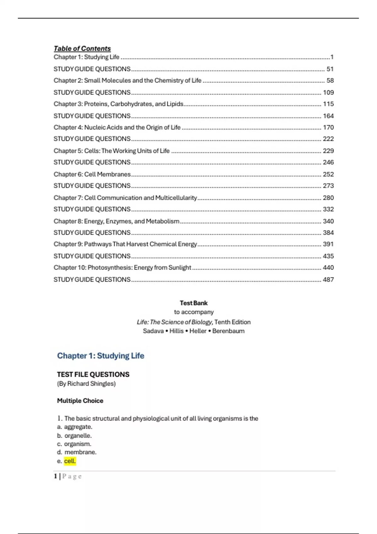 Test Bank to Accompany Life The Science of Biology, 10th Edition Sadava ...