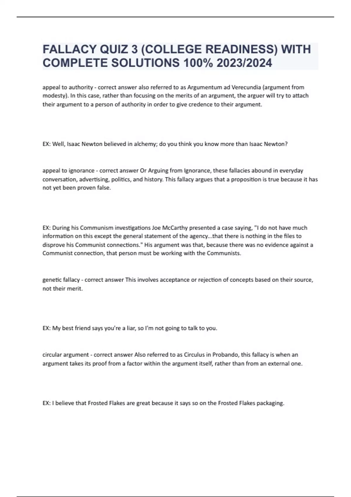FALLACY QUIZ 3 (COLLEGE READINESS) WITH COMPLETE SOLUTIONS 100% 2023/2024 - Math College ...