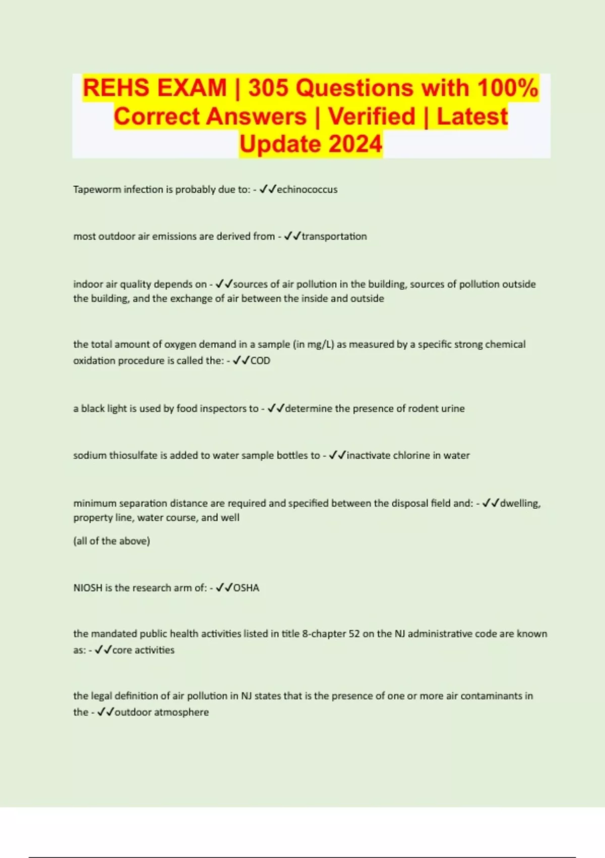 REHS EXAM | 305 Questions with 100% Correct Answers | Verified | Latest ...