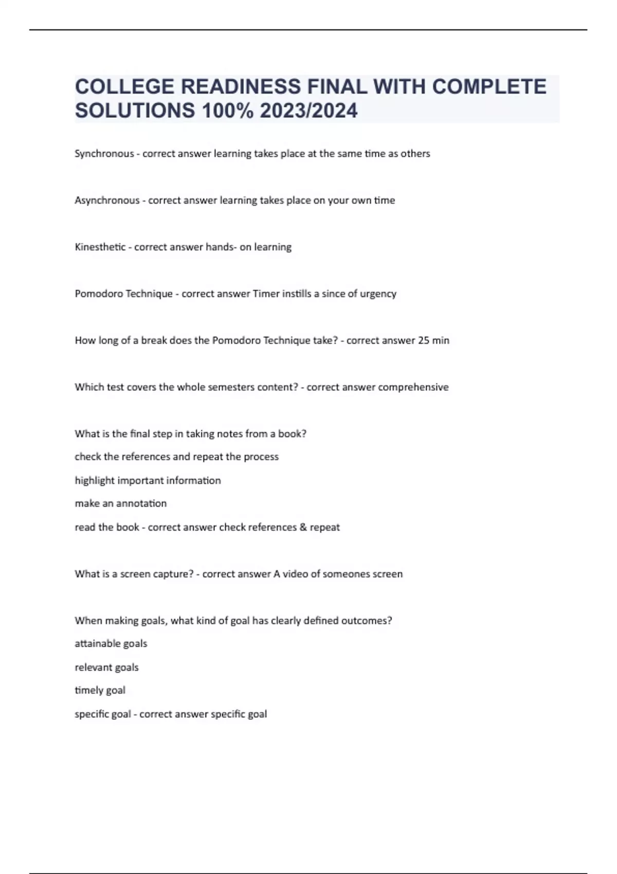 COLLEGE READINESS FINAL WITH COMPLETE SOLUTIONS 100% 2023/2024 - Math ...