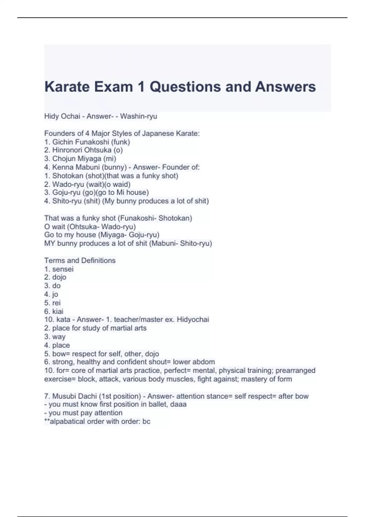 Karate Exam 1 Questions and Answers 2024 - Karate - Stuvia US