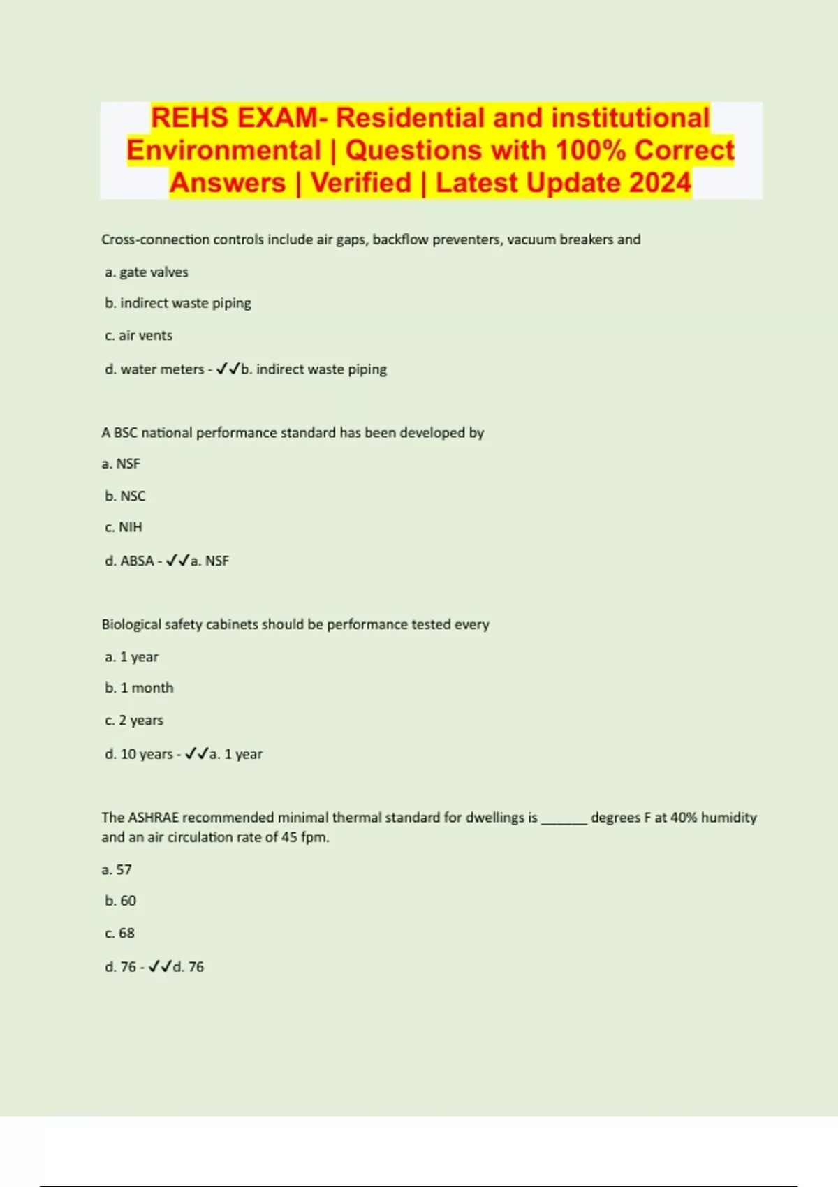 REHS EXAM- Residential and institutional Environmental | Questions with ...