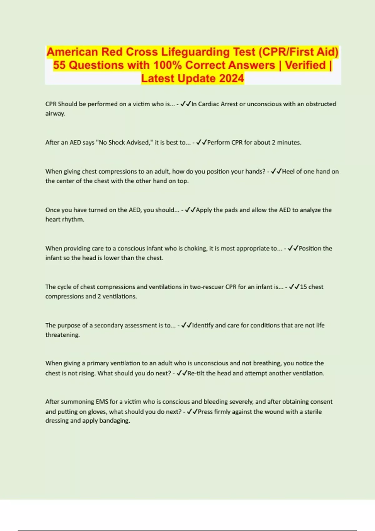 American Red Cross Lifeguarding Test (CPR/First Aid) 55 Questions with ...