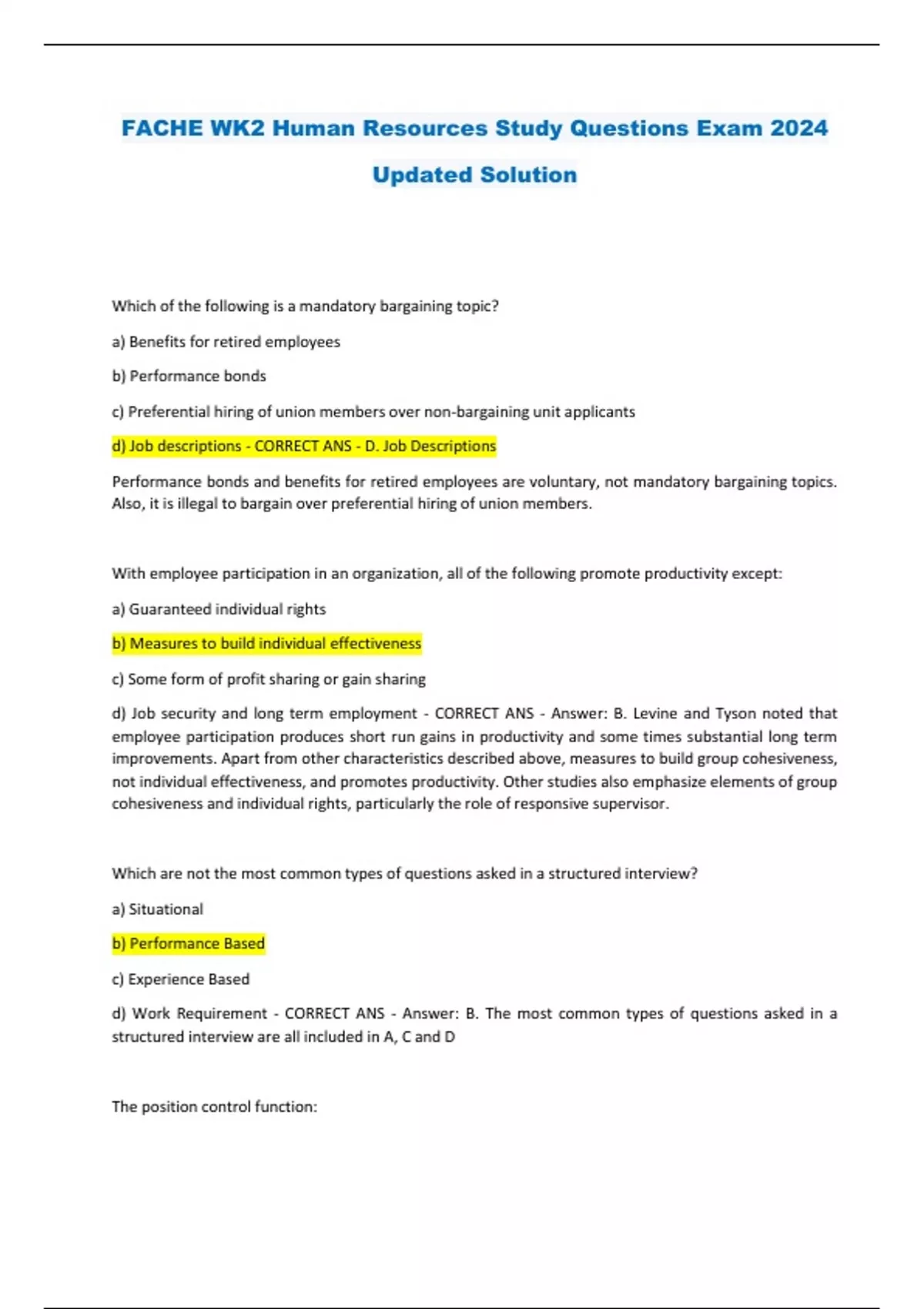 FACHE WK2 Human Resources Study Questions Exam 2024 Updated Solution ...