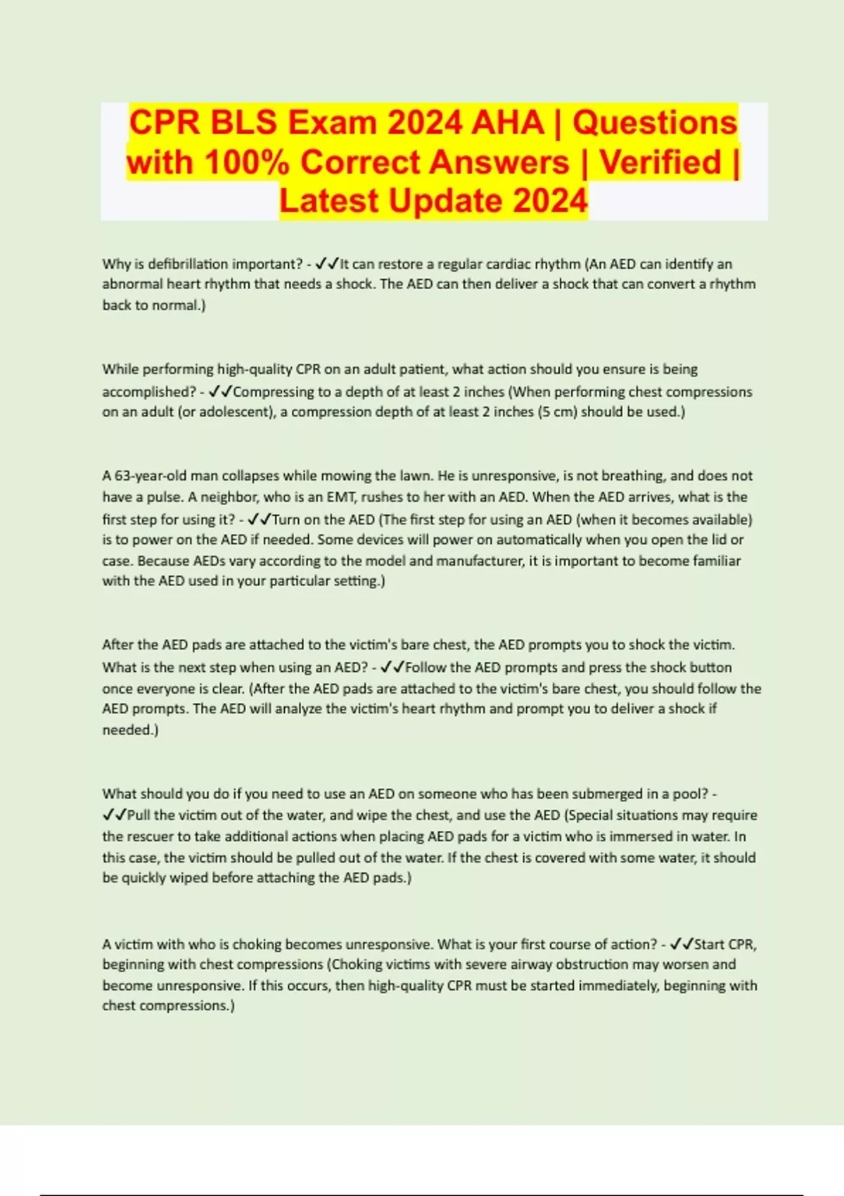 CPR BLS Exam 2024 AHA Questions With 100 Correct Answers Verified