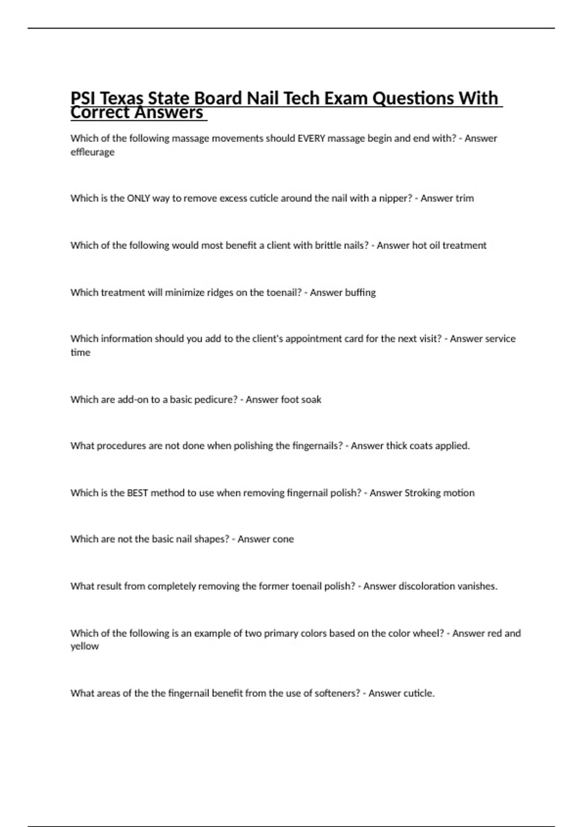PSI Texas State Board Nail Tech Exam Questions With Correct Answers ...