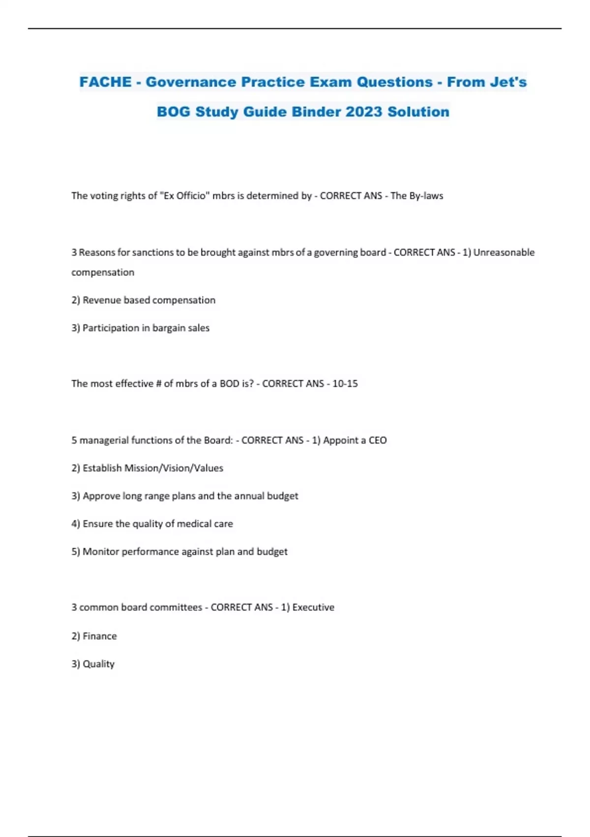 FACHE - Governance Practice Exam Questions - From Jet's BOG Study Guide ...