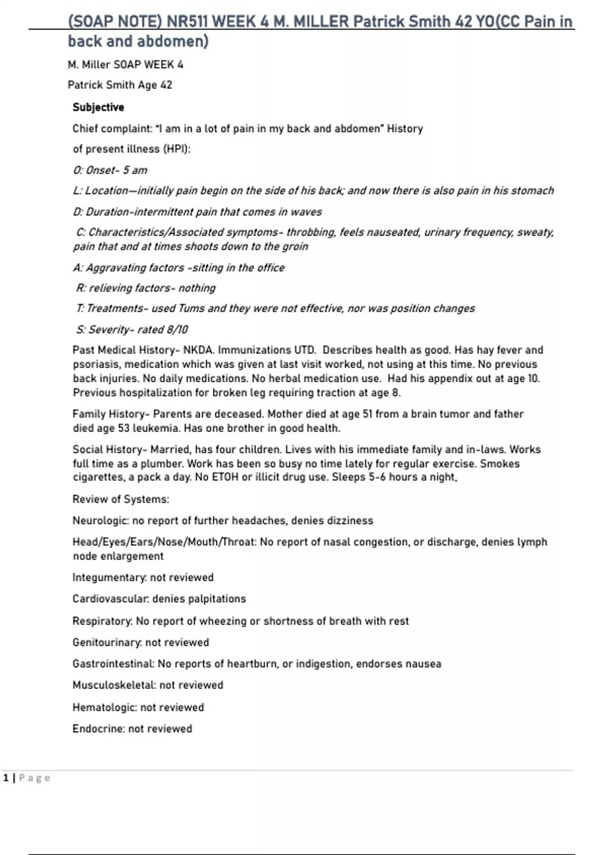 (SOAP NOTE) NR511 WEEK 4 M. MILLER Patrick Smith 42 YO(CC Pain in back ...