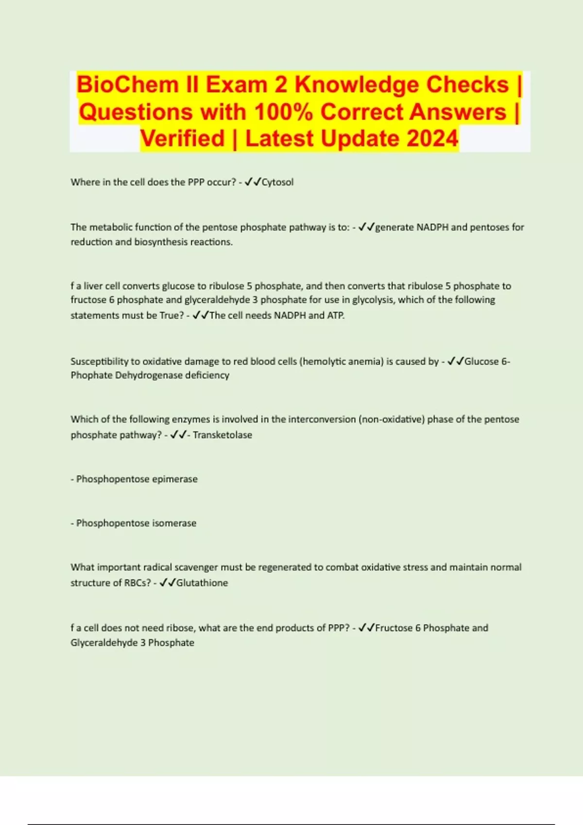BioChem II Exam 2 Knowledge Checks | Questions with 100% Correct ...