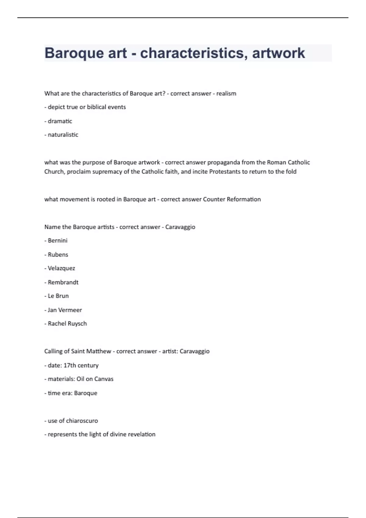 Baroque art - characteristics, artwork question n answers graded A+ ...