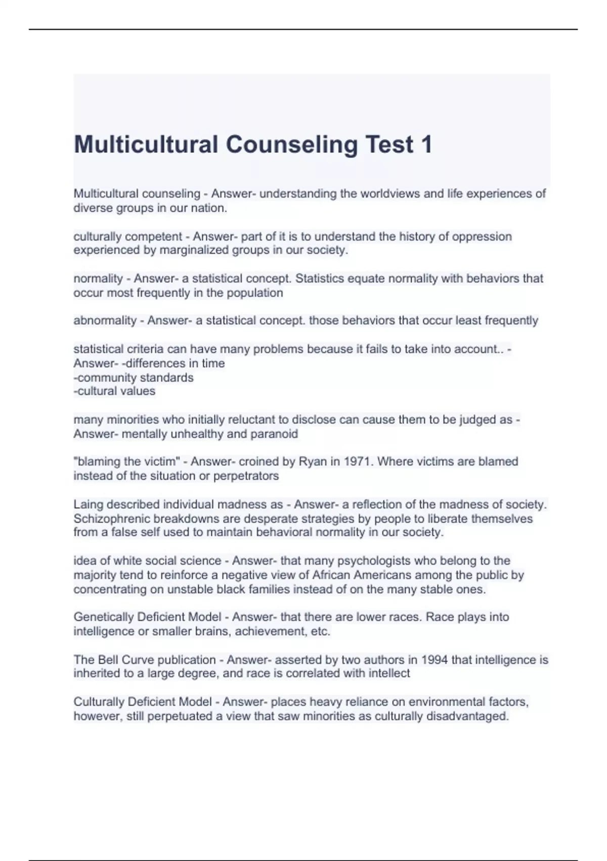 Multicultural Counseling Test 1 Questions and Answers (Graded A ...