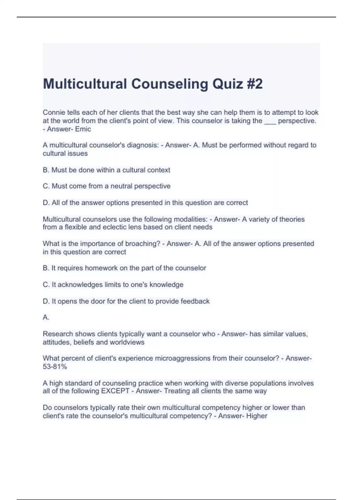 Multicultural Counseling Quiz #2-solved - Multicultural Counseling ...