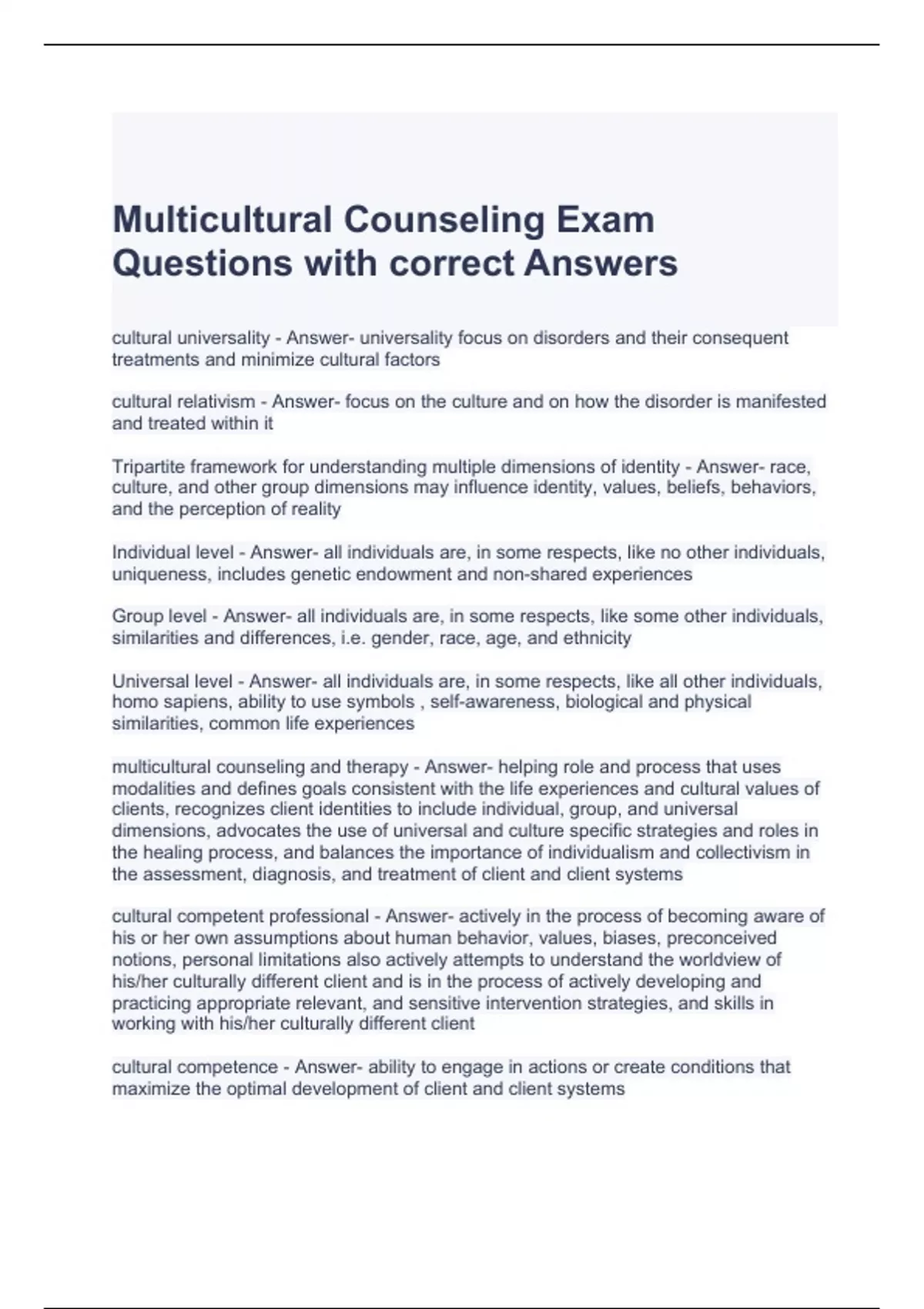 Multicultural Counseling Exam Questions with correct Answers - Stuvia UK
