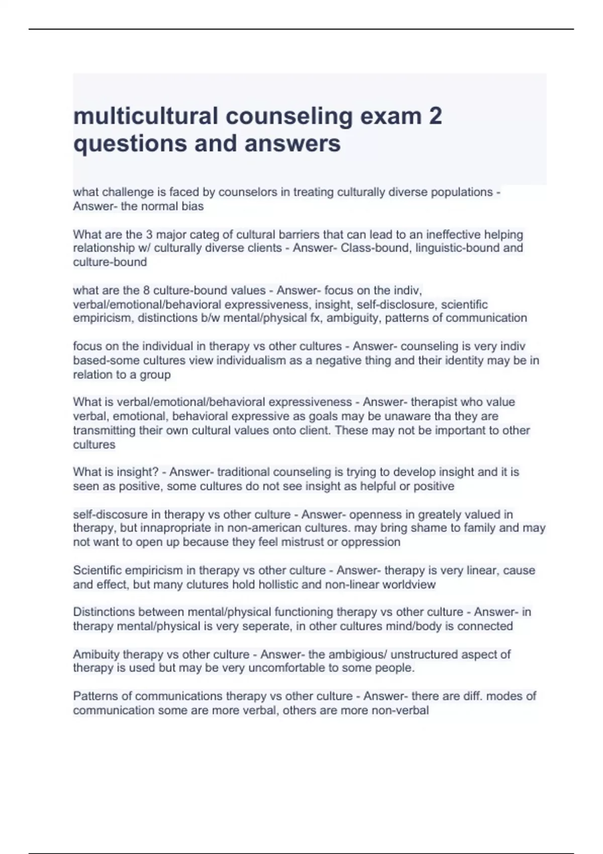 multicultural counseling exam 2 questions and answers - Multicultural ...