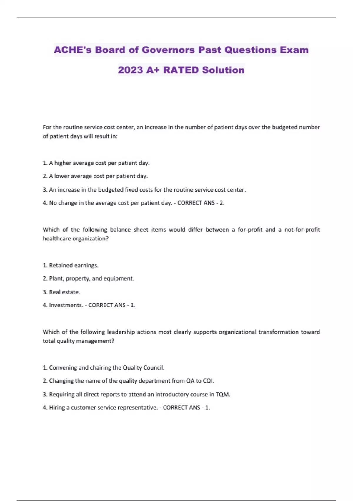 ACHE's Board of Governors Past Questions Exam 2023 A+ RATED Solution ...