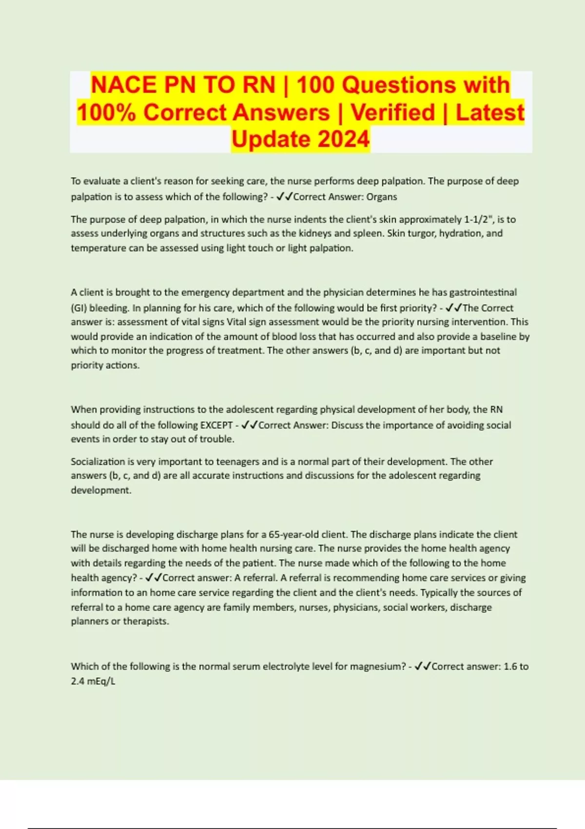 NACE PN TO RN | 100 Questions with 100% Correct Answers | Verified ...