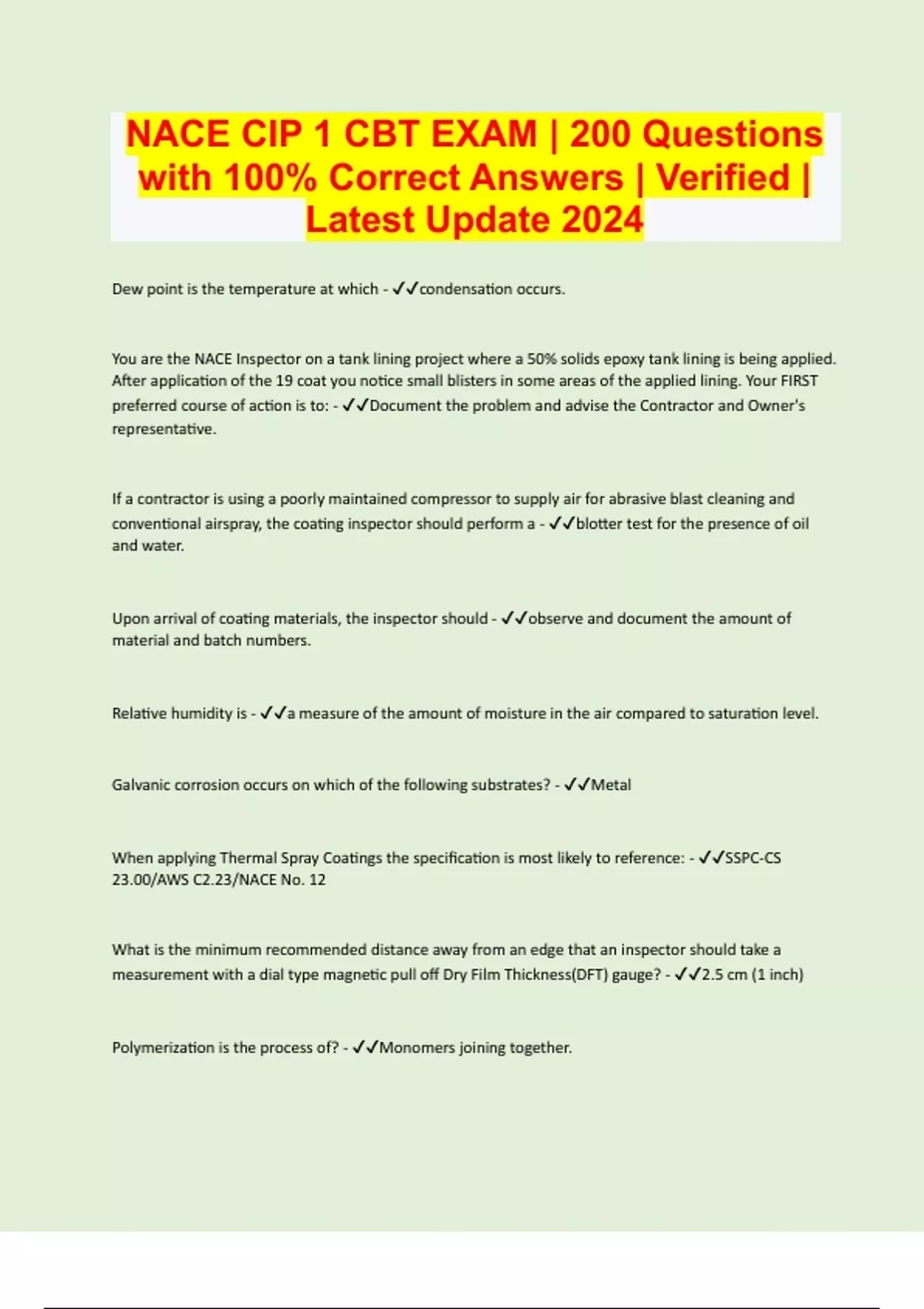 NACE CIP 1 CBT EXAM | 200 Questions with 100% Correct Answers ...