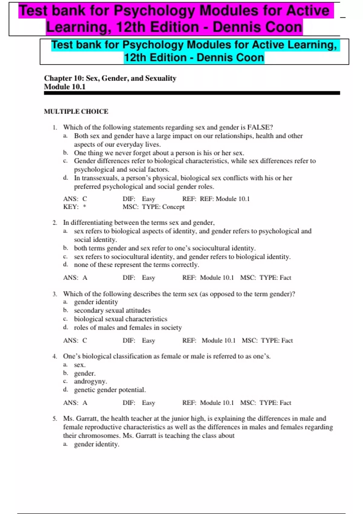 Test bank for Psychology Modules for Active Learning, 12th Edition ...