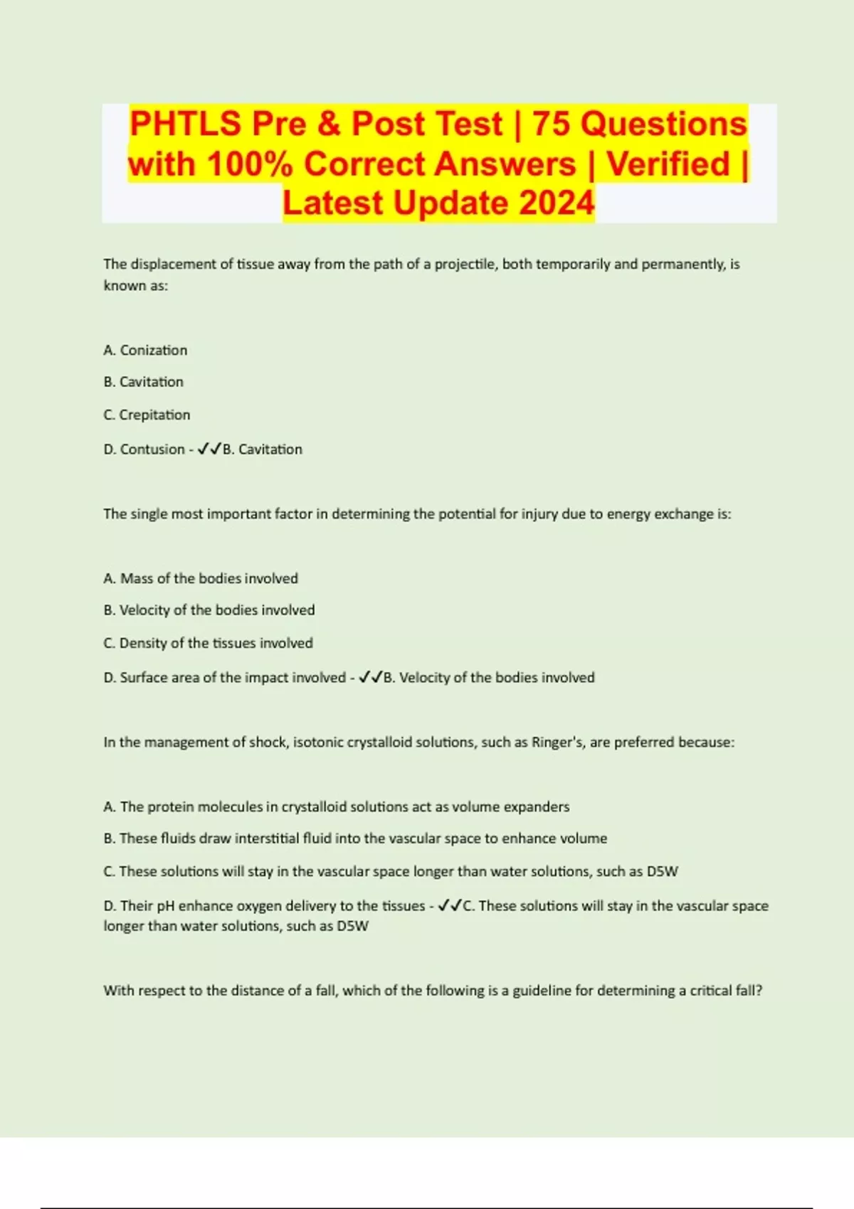 PHTLS Pre & Post Test | 75 Questions with 100% Correct Answers ...