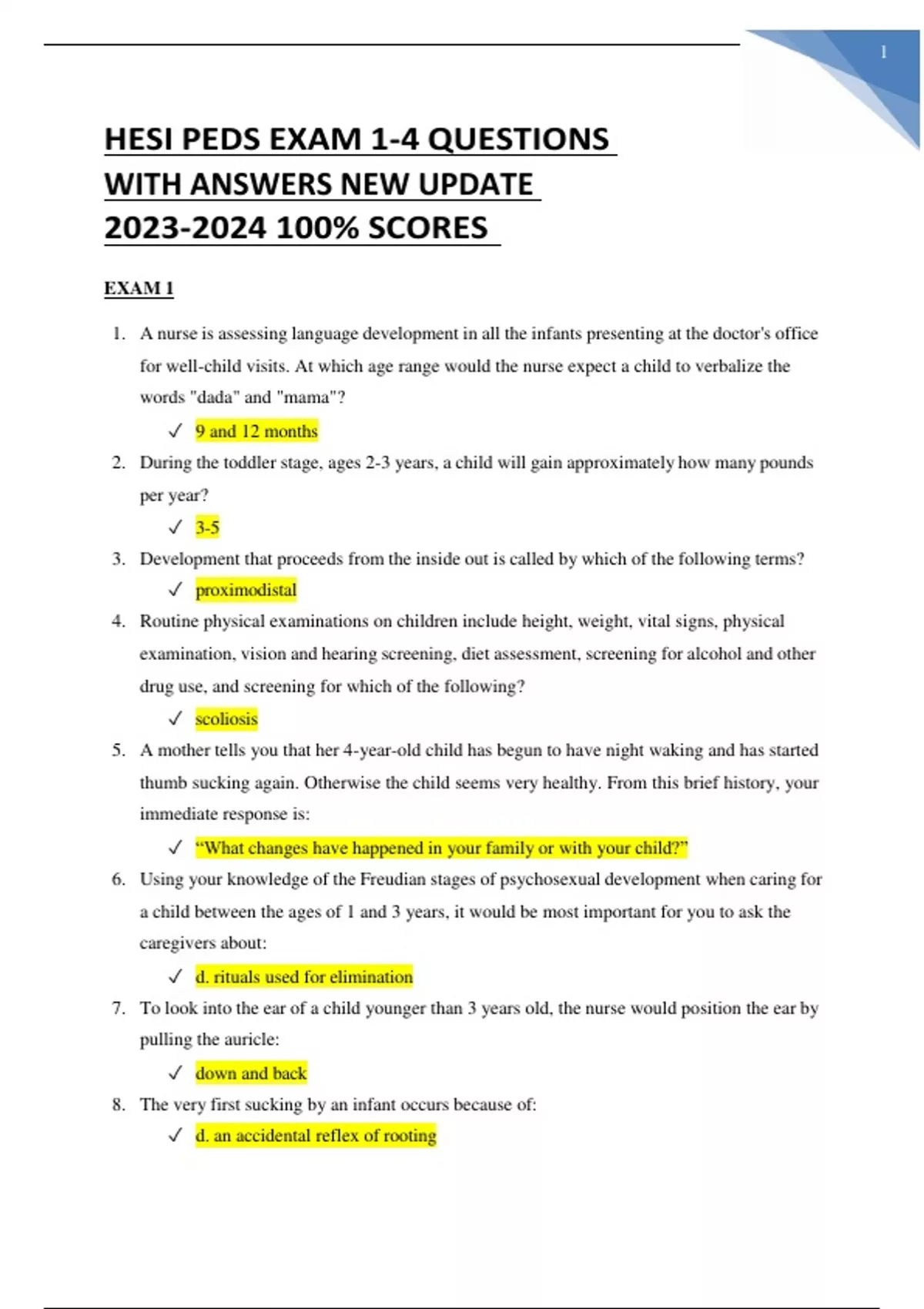 HESI PEDS EXAM 1-4 QUESTIONS WITH ANSWERS NEW UPDATE % SCORES - HESI ...