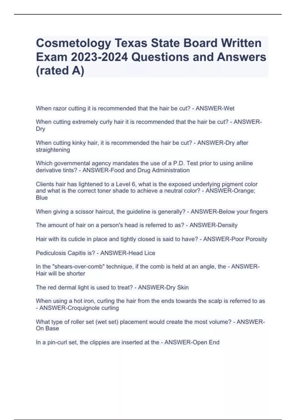 Cosmetology Texas State Board Written Exam Questions and Answers (rated ...