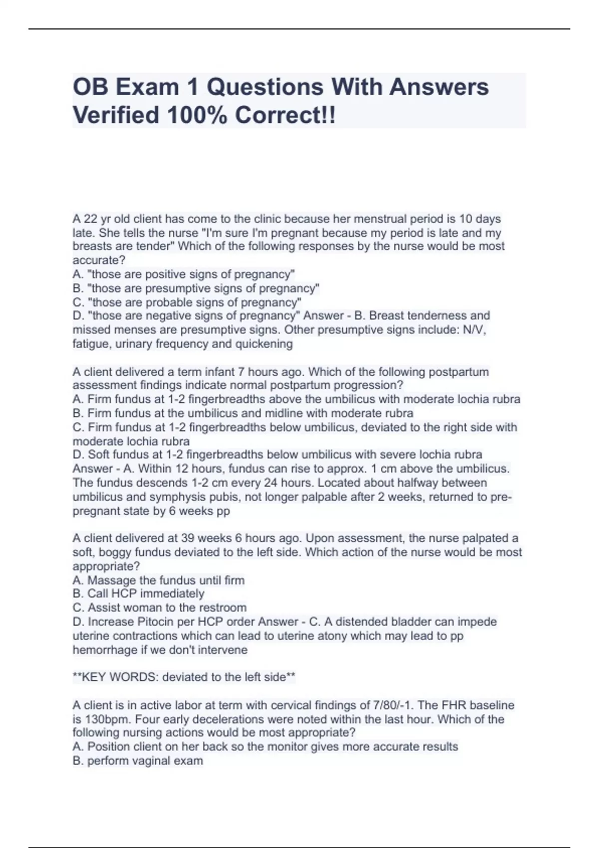 OB Exam 1 Questions With Answers Verified 100% Correct!! - Ob - Stuvia US