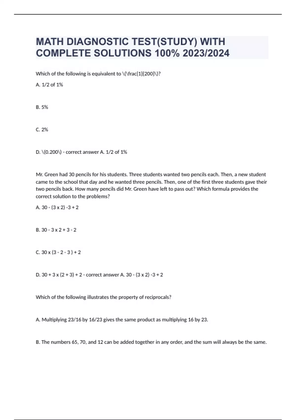 MATH DIAGNOSTIC TEST(STUDY) WITH COMPLETE SOLUTIONS 100% 2023/2024 ...